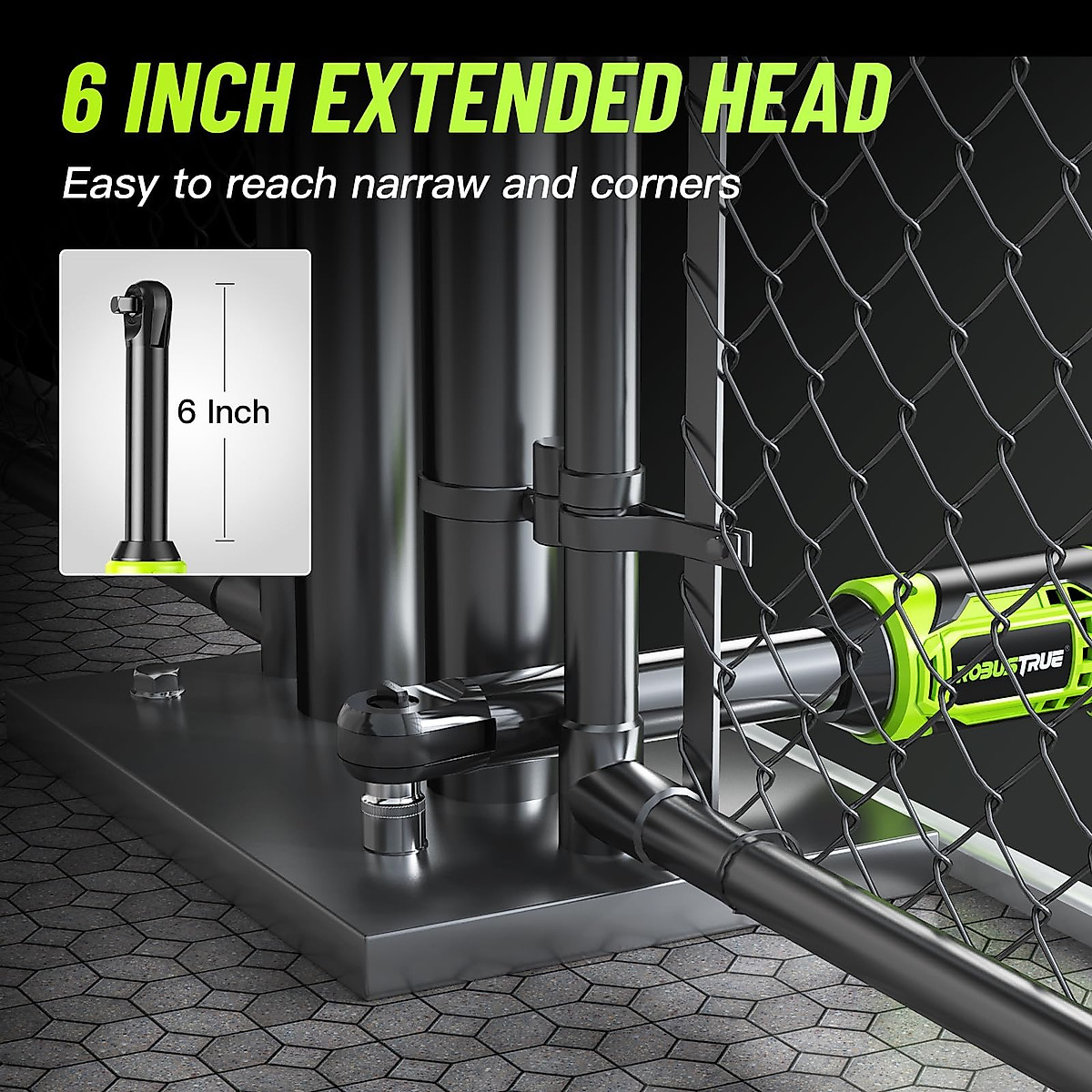 Robustrue 3/8" Cordless Ratchet Wrench, 6 inch Extended Ratchet Wrench, 40Ft-lbs 400RPM Cordless Ratchet, 2 Batteries Power Electric Ratchet Driver with Variable Speed, 7 Sockets, LED Light