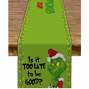 Merry Christmas Table Runner Green Xmas Buffalo Plaid Check Winter Holiday Party Decoration Fireplace Kitchen Dinning Home Decor 72Inches Long