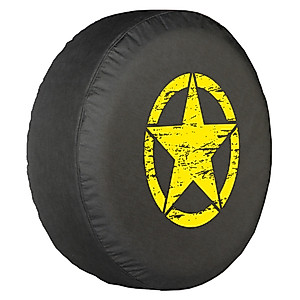 Boomerang - 32" Distressed Star - Spare Tire Cover - (Black Denim Vinyl) for Jeep Wrangler JK (2007-2018) - Yellow Print - Made in The USA
