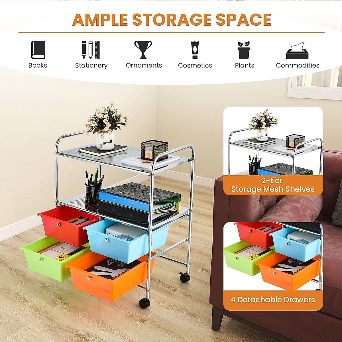 COSTWAY Rolling Storage Cart w/ 4 Drawers 2 Shelves, Home Office Utility Organizer Cart with Wheels, Mobile Storage Drawer Cart, Rolling Metal Storage Cart for Home Office Kitchen School Beauty Salon