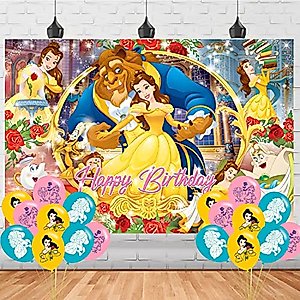 Beauty and The Beast Backdrop Birthday Banner for Princess Belle Birthday Party Supplies Princess Belle Photograph Background Photo Booth 5x3ft