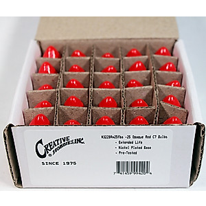 Creative Hobbies® Box of 25 Light Bulbs, Ceramic Opaque Red, Steady Burning, 7 Watt Incandescent, C7 Candelabra Base - Great for Christmas Strings and Decorative Lights