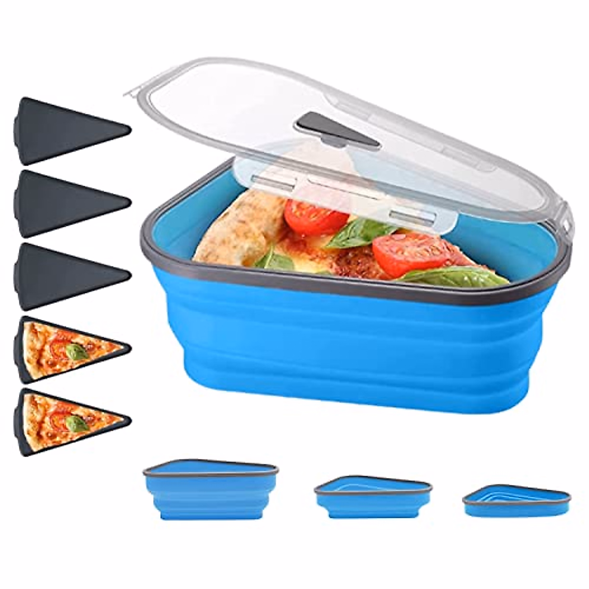 Reusable Pizza Storage Container Collapsible Expandable with 5 Microwavable Serving Trays, Adjustable Pizza Slice Container to Organize and Save Space, Microwave Dishwasher Safe (Blue Color)