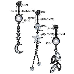 Uzgtvy 14G Belly Button Ring for Women Stainless Surgical Steel Belly Ring Dangle Curved Barbells Bar Black Dangling Belly Button Navel Ring Belly Vch Body Piercing Jewelry 10mm CZ Diamond Gem