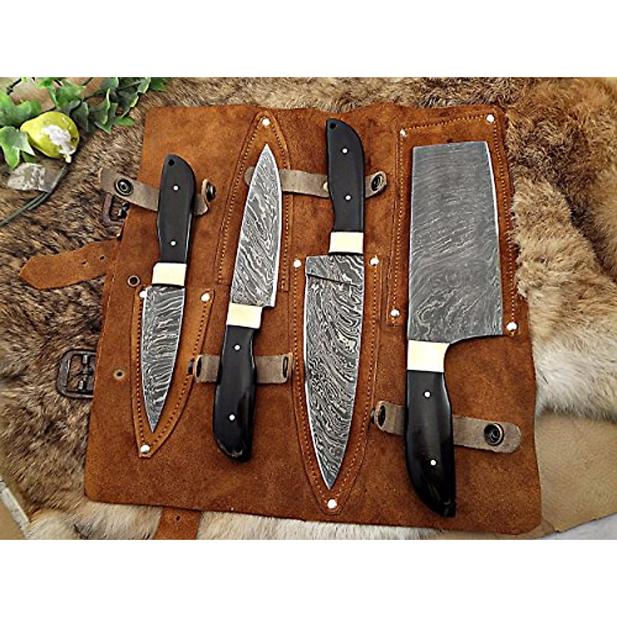 4 Pieces Chef Knives Set, Slicer, Chef, Cleaver Overall 37 inches Full Tang Hand Forged Damascus Steel Blade, Custom Made Leather Sheath