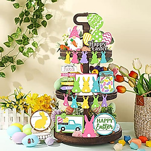 20 Pieces Easter Tiered Tray Decor Easter Decorations Rustic Easter Decor Gnome Bunny Rabbits Eggs Wooden Spring Sign Decorative Trays Signs for Home Table Office Kitchen Farmhouse Party Tabletop