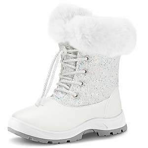 K KomForme Girls Glitter Snow Boots Kids Bungee Lacing Warm Faux Fur-Lined Anti-Slip Outdoor Winter Shoes White Big Kid 2M
