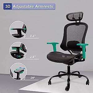 Komene Ergonomic Office Chair High Back Computer Chair Breathable Mesh Desk Chair, Adjustable Headrest and Lumbar Support with 3D Armrest Heavy-Duty Swivel Task Chair, Maximum Load 300lbs