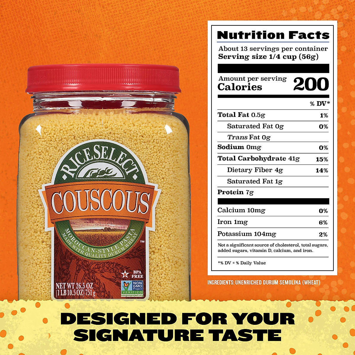 RiceSelect Couscous, Moroccan-Style Wheat Couscous Pasta, Non-GMO, 26.5-Ounce Jar, (Pack of 1)