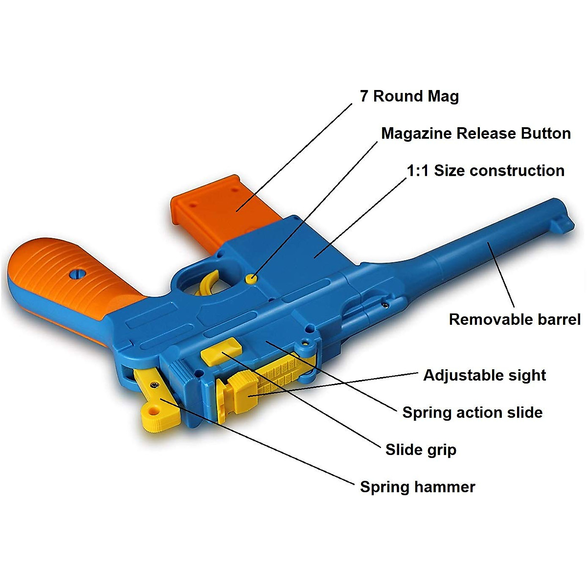 Toshi Station C96 Toy Gun with Soft Bullets and 7 Round Ejectable Magazine, Removable Barrel, Adjustable Sight and Pull Back Action