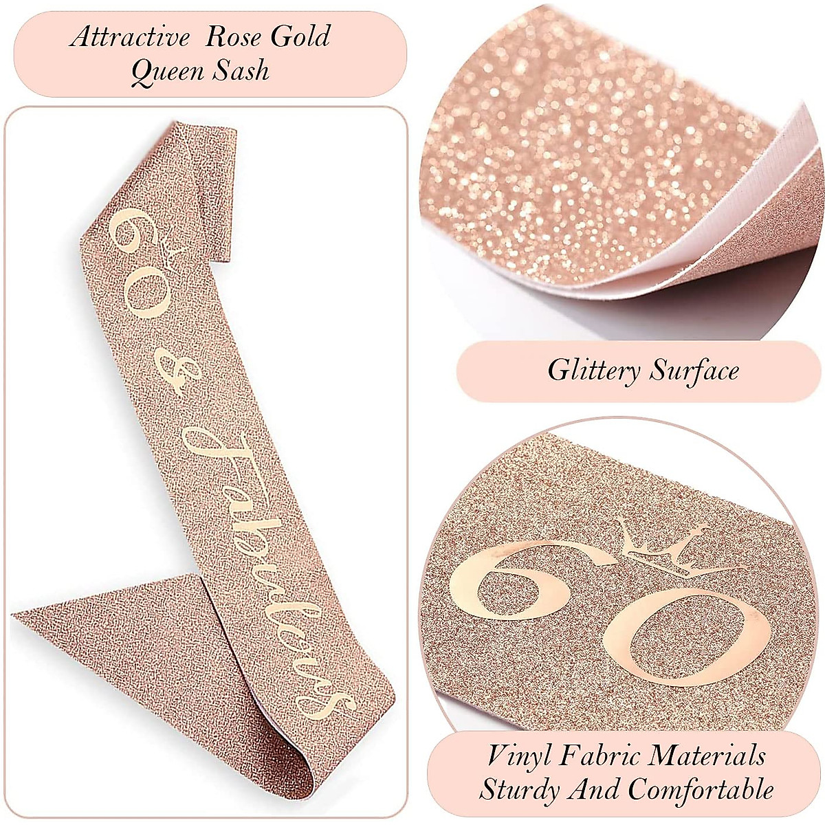 8pcs 60th Birthday Gifts Decorations for Women, Including 60th Happy Birthday Cake Toppers, Birthday Queen Sash with Pearl Pin, Sweet Rhinestone Tiara Crown, Number Candles and Balloons Set, Rose Gold