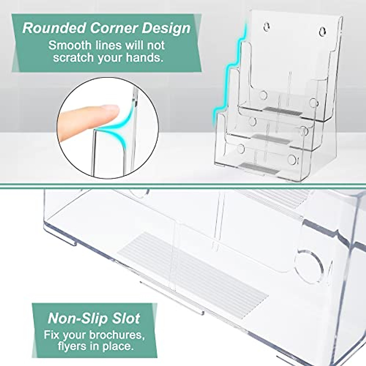 Acrylic Brochure Holder 8.5 x 11 inches, 3 Tier Clear Literature Holder with Removable Divider for Trifold 4 Inches Wide Pamphlet, Plastic Flyer Display Stand for Magazine, Document, Booklet