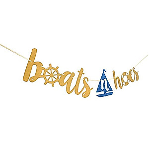 Boats N Hoes Gold Glitter Banner for Funny Nautical Theme Birthday/Bachelorette Party Anchor Cruise Banner Decorations