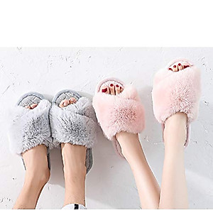 HUMIWA Grey Women's Cross Band Slippers Soft Open Toe Furry Cozy Fur House Slippers Memory Foam Sandals Slides Soft Anti-Slip on Home Slippers for Girls Men Indoor Outdoor