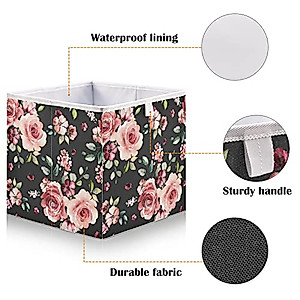 ALAZA Collapsible Storage Cubes Organizer,Rose Flowers Floral Black Storage Containers Closet Shelf Organizer with Handles for Home Office