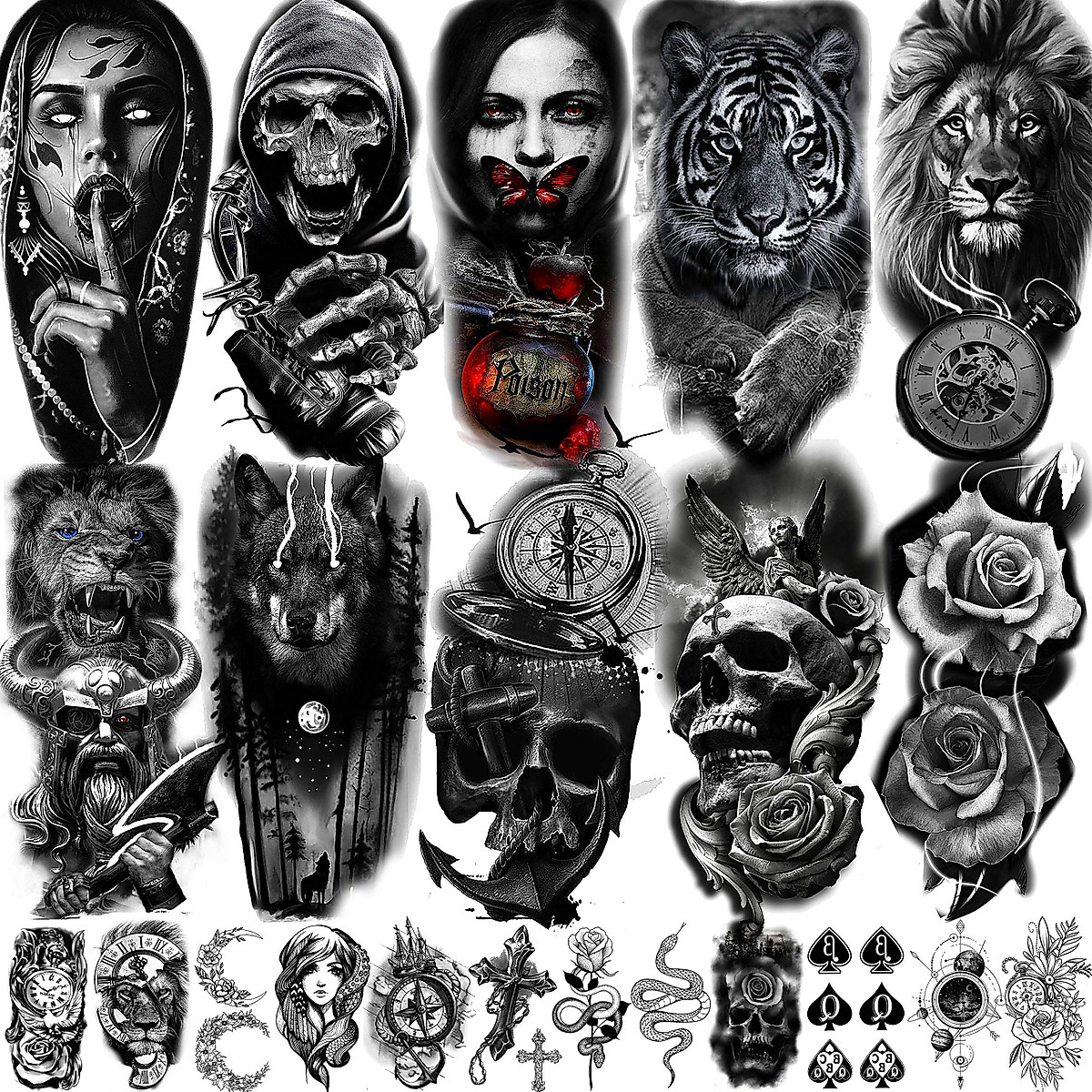 VANTATY 22 Sheets Sexy 3D Temporary Tattoos For Women Men Arm Forearm, Waterproof Fake Tattoo Stickers For Adults Realistic Tiger Lion, Halloween Skeleton Rose Flower Tatoos Warrior Anchor Compass