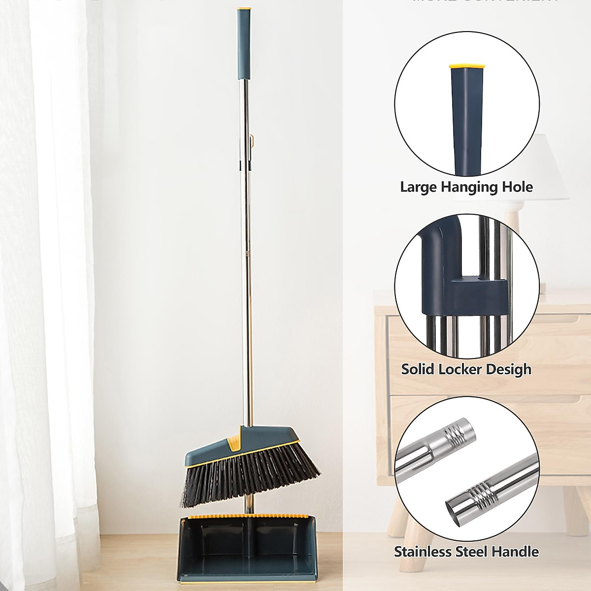 Theiyhyu Broom with Dustpan Combo Set Stand Up Broom and Dustpan with Dustpan Teeth Lightweight with Long Handle 180° Swivel Suitable for for Cleaning Floors Indoors Kitchen Office (Blue)
