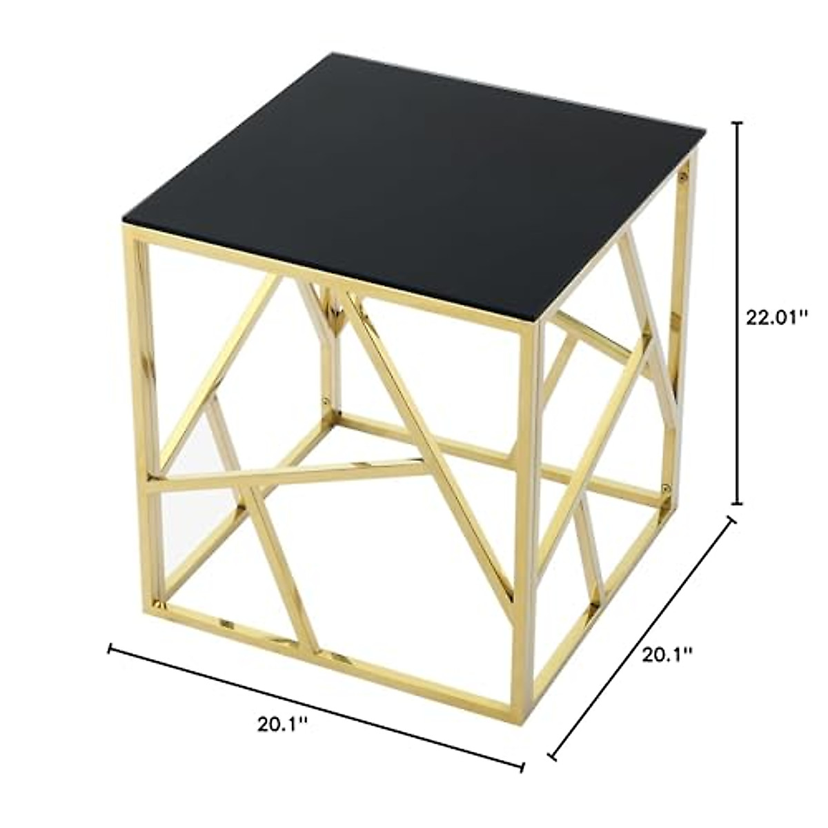 Black Side Table Small End Table with Mirrored Stainless Steel Metal Base, Square Tempered Glass End Table with Storage Modern Side Table, Living Room End Table Narrow Long Side Table Night Stand