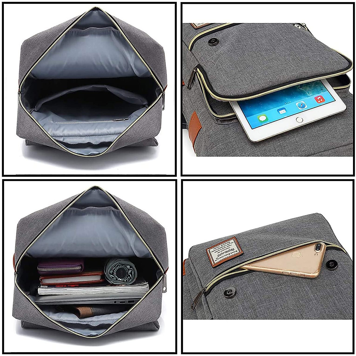 UGRACE Laptop Backpack, Grey, Unisex, 15.6" Laptop Compartment, 6 Compartments, USB Charge Port, Adjustable Shoulder Strap, PU Leather Belt