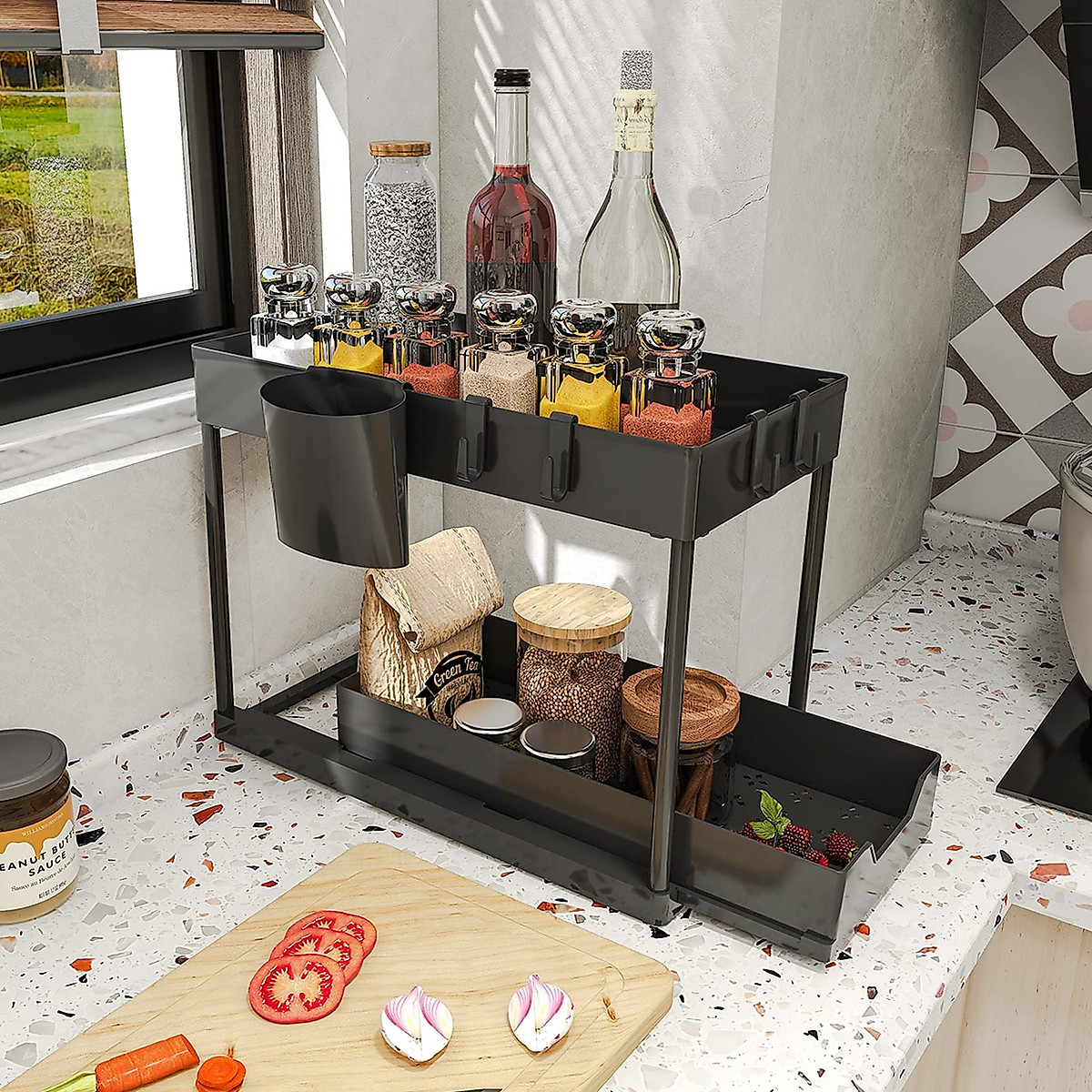 Usbalano 2-Tier Under Sink Organizer, Sliding Under Bathroom Cabinet Storage Drawer Organizer with Hooks, Hanging Cup, Multi-purpose Under Sink Shelf Organizer, Black