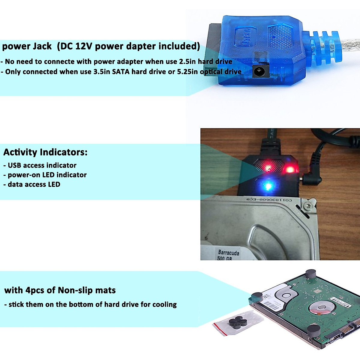 DTech Slim USB to Hard Drive Cable HDD SSD 3.5 2.5 Inch 22 pin SATA to USB 2.0 Adapter with Power Supply LED Indicators External Converter for Laptop Desktop Computer SATAIII Disk Data Transfer
