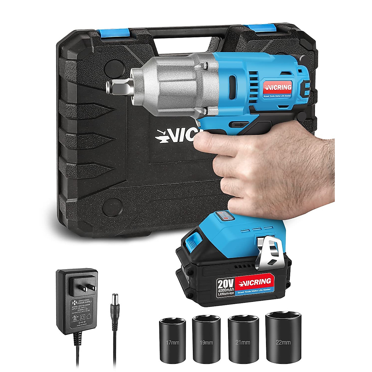 VICRING 20V Cordless Impact Wrench 1/2 Inch Impact Gun Brushless High Torque Power Impact Wrench Electric Lug Nuts Impact Driver With 4.0Ah Battery Fast Charger and 4 Sockets