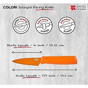 Kuhn Rikon Colori Non-Stick Straight Paring Knife with Safety Sheath, 4 inch/10.16 cm Blade, Tangerine