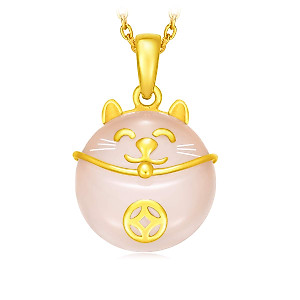 CHOW TAI FOOK 999 Pure 24K Gold and Rose Quartz Pendant- Maneki-Neko Money Cat Pendant