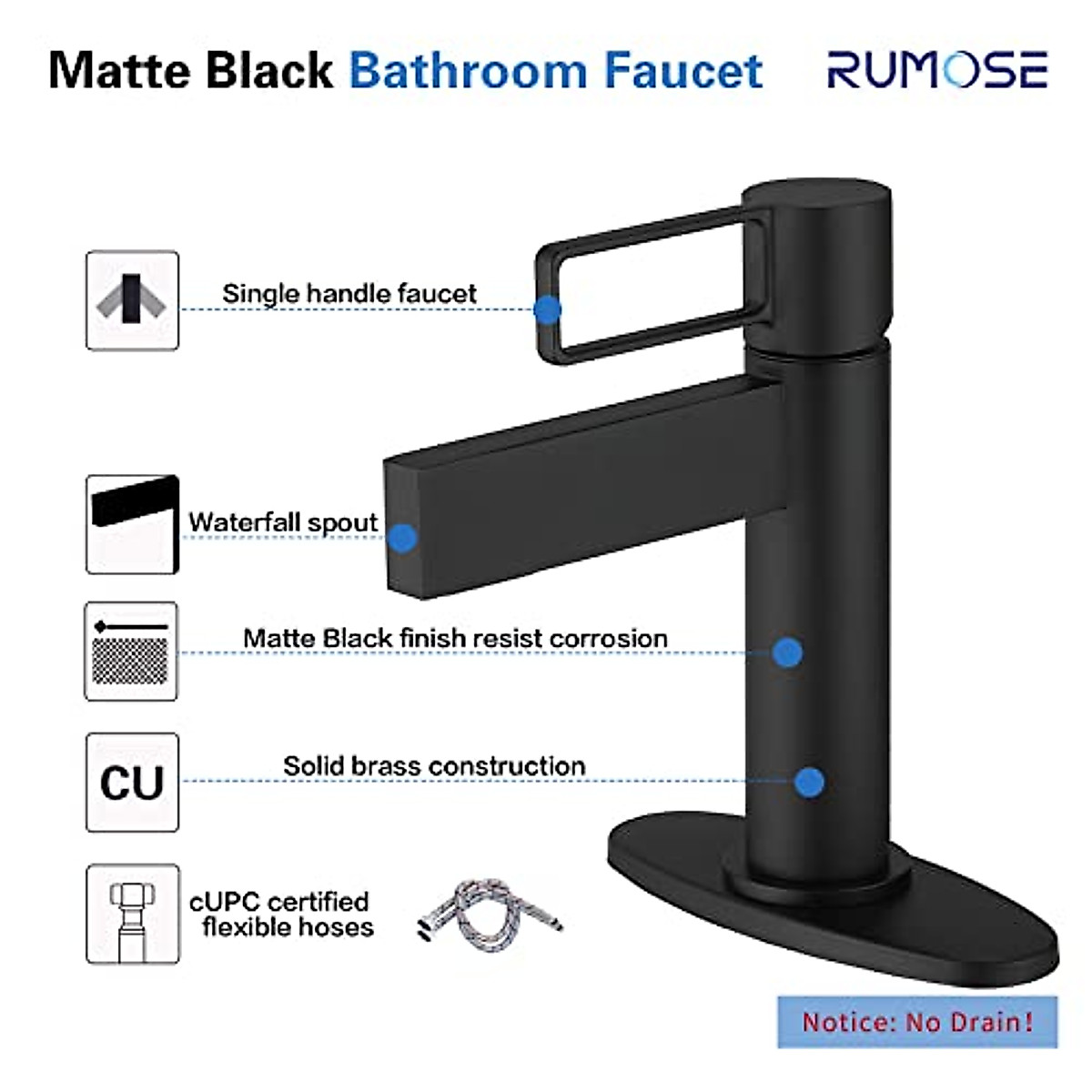 RUMOSE Black Bathroom Faucet Single Handle Bathroom Sink Faucet Basin Mixer Tap with 6 in Deck Plate for 1 & 3 Hole Waterfall Spout Bathroom Faucet Rv Lavatory Vessel Faucet, Brass, Matte Black