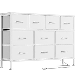 YaFiti Dresser TV Stand with Power Outlet, 43" Long Dresser for Bedroom with 10 Fabric Drawers, Chest of Drawers for Living Room, Hallway (White)