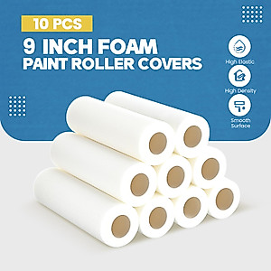 Nuenen 10 Pcs 9 Inch Foam Paint Roller, High Density Foam Paint Roller Covers Wall Paint Roller for Painting Doors Houses Cabinets Ceilings Furniture Smooth Even Finishes Flat Surfaces, White