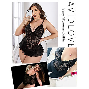 Avidlove Sexy Lingerie for Women Plus Size Bodysuit Black Lace Teddy Babydoll One Piece Chemise Sexy Outfits Going Out Top