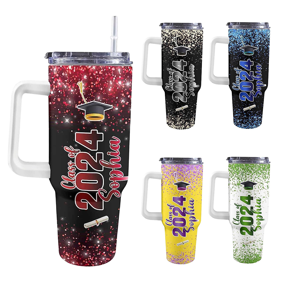 Custom 40oz Tumbler with Handle Customized Class of 2024 Stainless Steel Insulated Tumblers with Lid Straw Custom Travel Mug Personalized Graduation Gifts for Daughter Son
