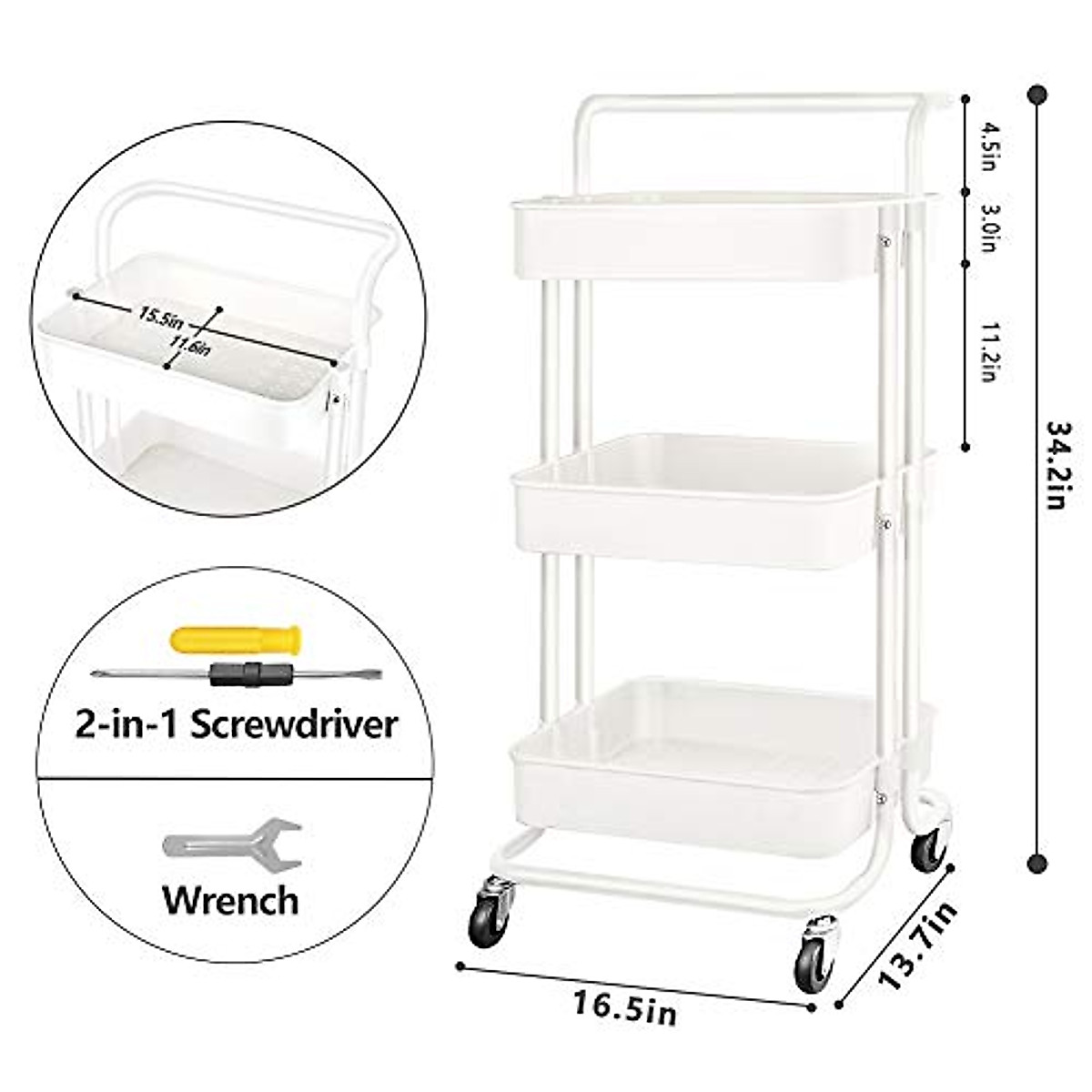 QiMH 3 Tier Rolling Storage Cart Heavy Duty Mobile Rolling Utility Cart with Handle Wheels Multifunction Large Storage Shelves Organizer