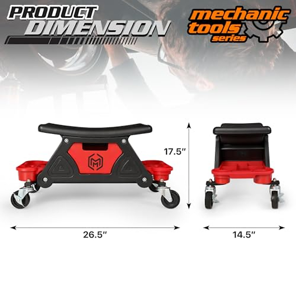 M-AUTO Rolling Mechanic Stool Garage Roller Chair Creeper Seat w/Storage Tool Tray and Drawers,300LBS Capacity Workbench Stool with Lockable Rollers for Home Garage DIY Automotive, 25" Red