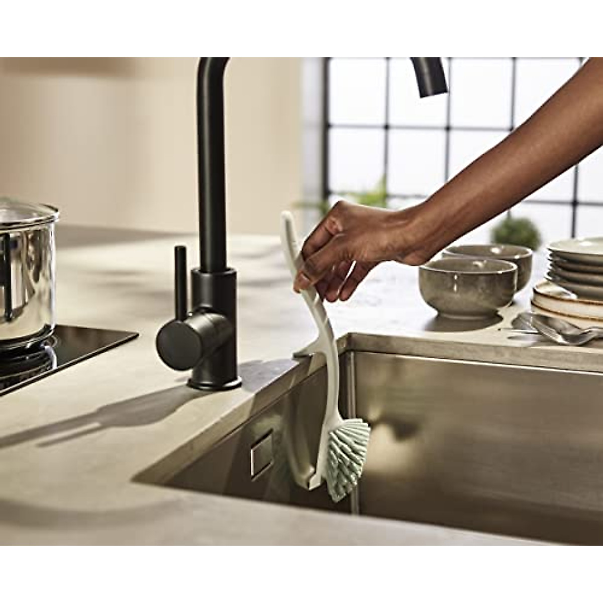 Joseph Joseph Edge Dish Brush with Integrated Sink Rest, Light Stone/Sage