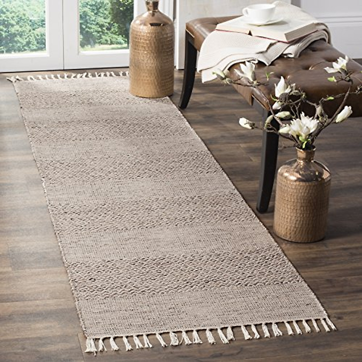 SAFAVIEH Montauk Collection Runner Rug - 2'3" x 6', Ivory & Steel Grey, Handmade Flat Weave Boho Farmhouse Cotton Tassel Fringe, Ideal for High Traffic Areas in Living Room, Bedroom (MTK330M)