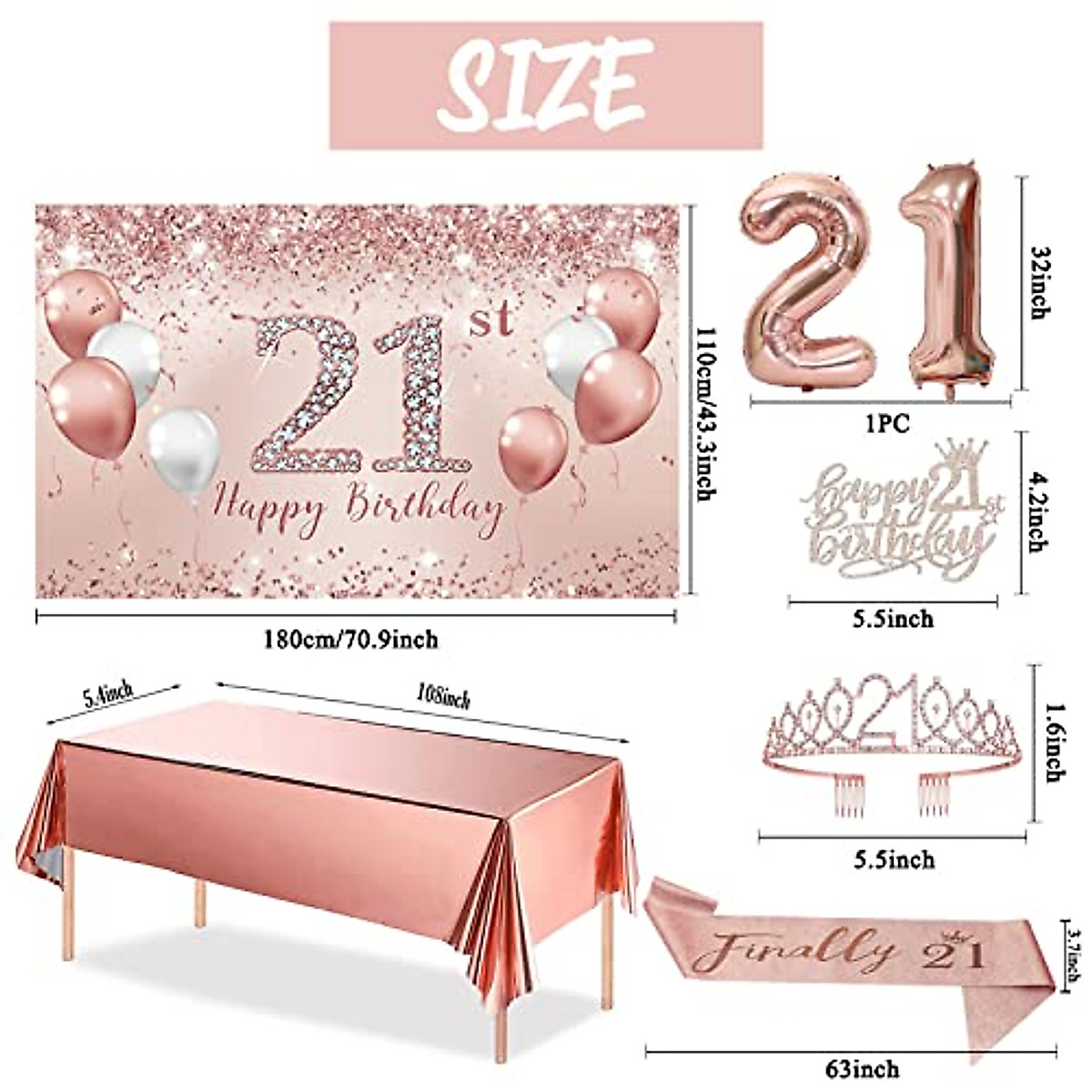 Trgowaul 21st Birthday Decorations for her, Rose Gold 21 Birthday Banner, Tablecloth, 21st Birthday Sash and Crown, 1PC 21st Cake Topper, Pink 21 Number Balloons Happy 21 Birthday Decorations Women
