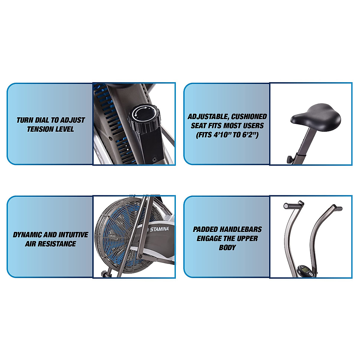 Stamina Air Resistance Bike 876 - Smart Workout App, No Subscription Required - Dynamic, Adjustable Tension - Multi-Function LCD Monitor - Dual-Action Arms to Engage The Upper Body