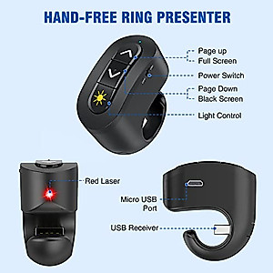 KICKDOT Presentation Clicker Remote with Red Laser Pointer, Finger Ring Powerpoint Clicker Rechargeable, RF 2.4GHz Wireless Presenter Slideshow Clicker for Powerpoint/Presentation/Google Slides/Mac/PC