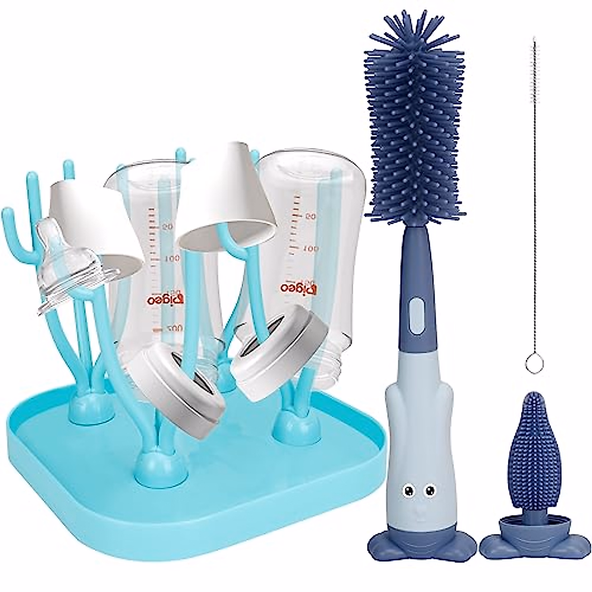 Baby Bottle Drying Rack with Bottle Brush Set, Removable Baby Bottle Holder Baby Bottle Rack Dryer and Baby Bottle Brush Cleaner Nipple Cleaner for Baby Accessories Cleaning Drying Bottle Cup (Blue)