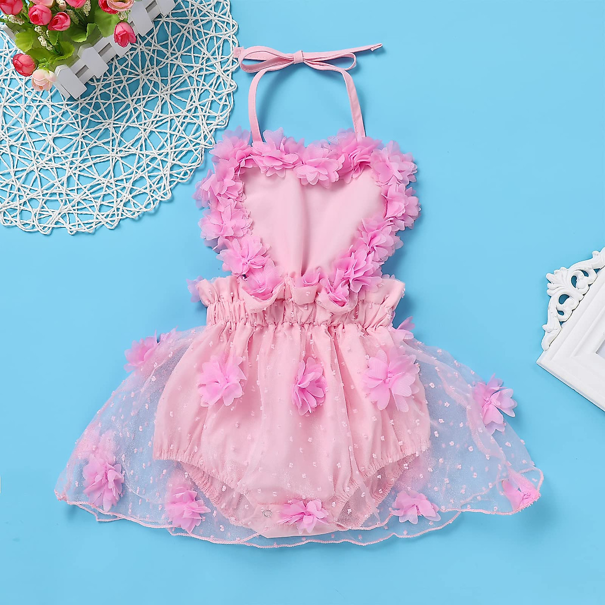 ODASDO Baby Girl's First Birthday Cake Smash Outfit Lace Romper Tutu Tulle Dress with Headband 2pcs Clothes Set, Pink Flower, 12-18 Months
