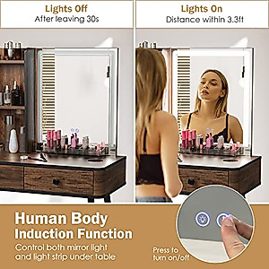CHARMAID Vanity Set with Dimmable Lighted Mirror, 3 Lighting Modes, Human Body Induction, Side Cabinet, 2 Drawers, Storage Shelves, Cosmetic Tray, Makeup Table Dressing Desk with Stool (Rustic Brown)