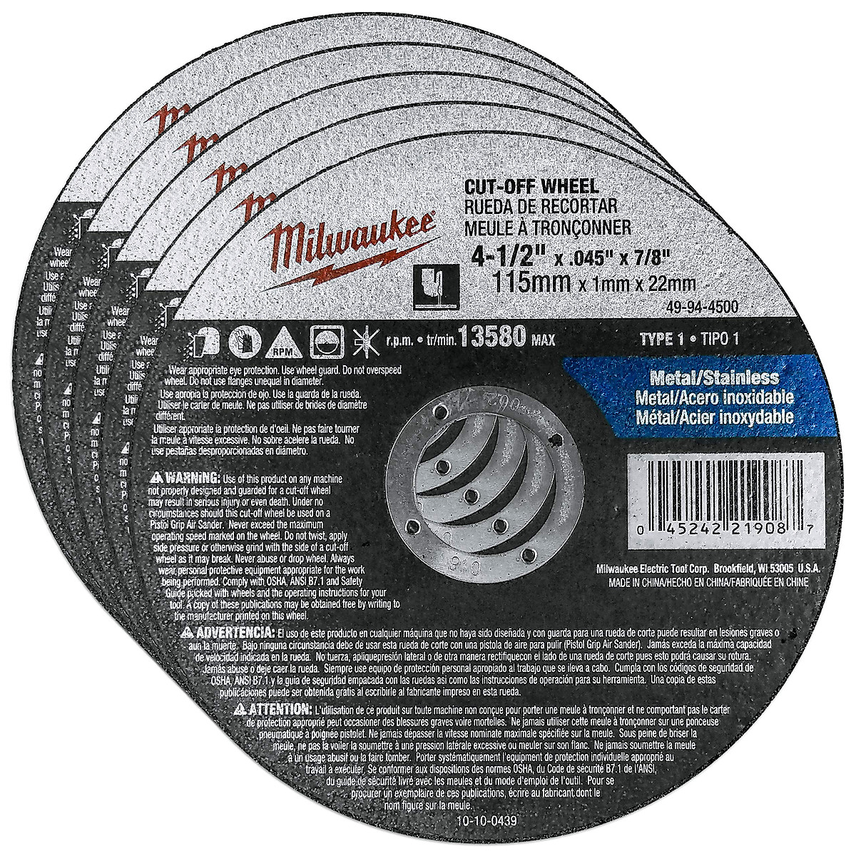 Milwaukee 4-1/2 in. Aluminum Oxide Cutting Cut-Off Wheel 0.045 in. thick x 7/8 in. (Pack of 5).