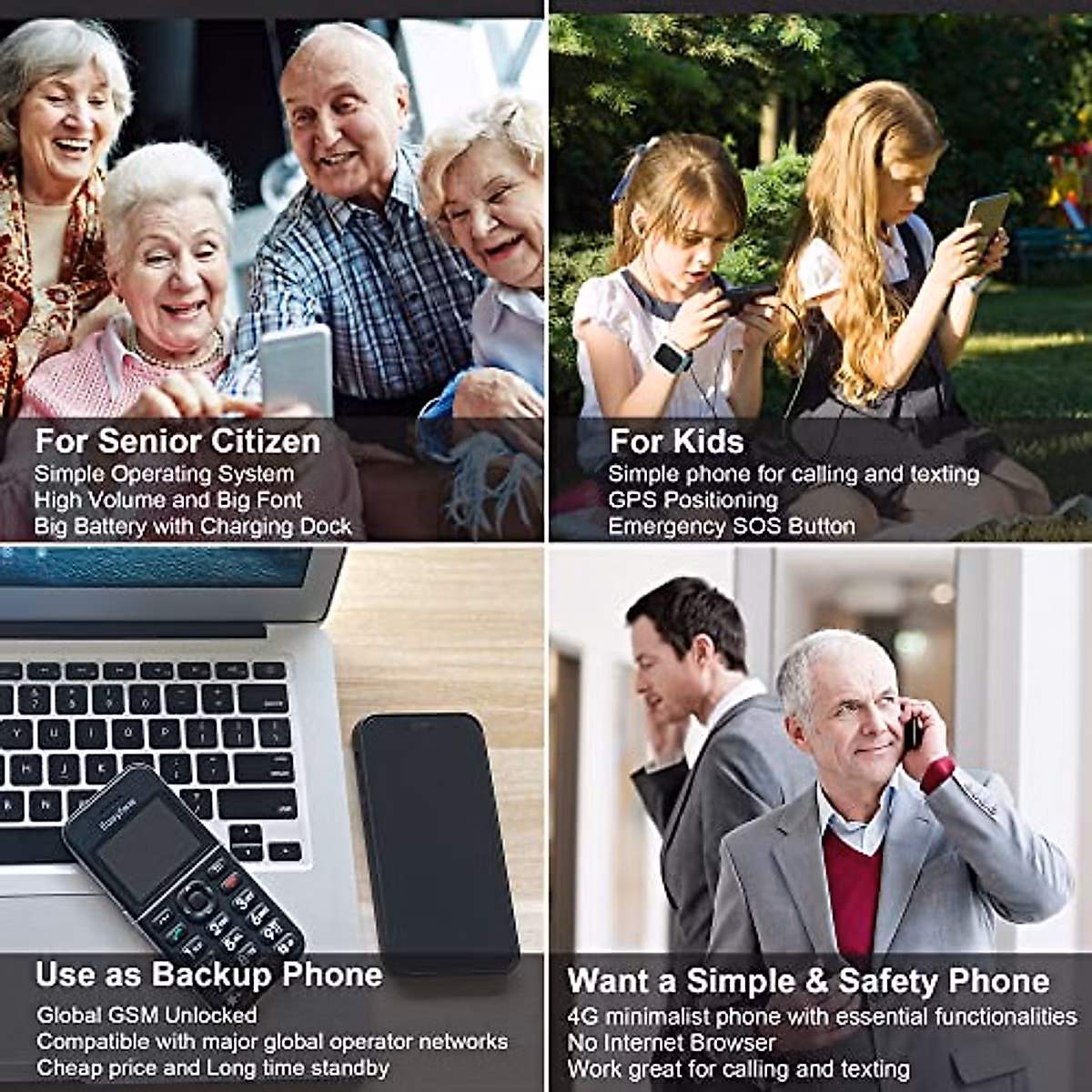 Easyfone T100 4G Unlocked Feature Cell Phone for Seniors | Easy-to-use | Clear Sound | Big Buttons | 2.0'' HD Display | SOS w/GPS | SIM Card & Flexible Data Plans | 1500Mah Battery and Charging Dock
