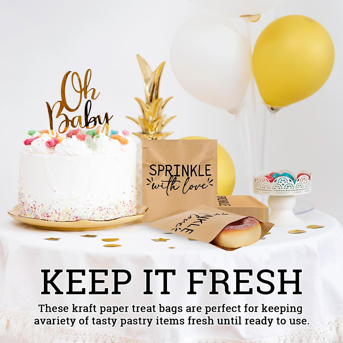 AnyDesign 100 Pack Donut Candy Bags Self-Adhesive Sprinkle with Love Kraft Paper Goodie Treat Bags Natural Brown Gift Snack Buffet Bags for Baby Shower Doughnut Time Supplies