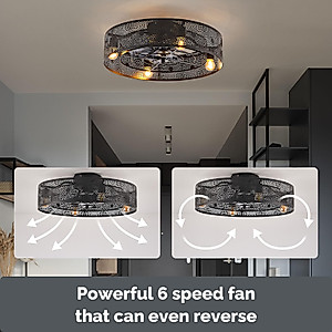 Orison 20 Inch Caged Ceiling Fan with Light, Black, 6 Speeds, Timer, Reversible Motor, Industrial Low Profile Ceiling Fan for Living Room, Bedroom, Kitchen