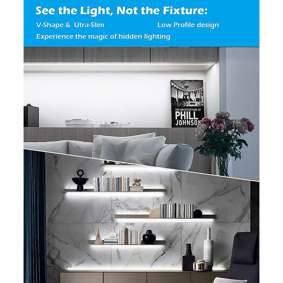 Cefrank V-Shape Under Cabinet Lighting Kit - 4pcs Sleeker 12" Dimmable LED Light Bars for Showcase Shelf Seamless Illumination - 1200lm, 12W - Pure White (6000K)