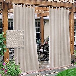 Outdoor Linen Sheer Curtains for Patio Waterproof - Indoor/Outdoor Divider Privacy Added Light Filtering Porch Decor with Detachable Self-Stick Tab Top for Gazebo/Cabana, Natural, 2 Pieces, W52 x L95