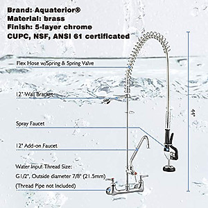 Aquaterior 44" Height Wall Mount Commercial Kitchen Pre Rinse Faucet Restaurant Sink Sprayer Faucets with Add-on Riser 12Inch Rotatable Spout CUPC NSF CEC